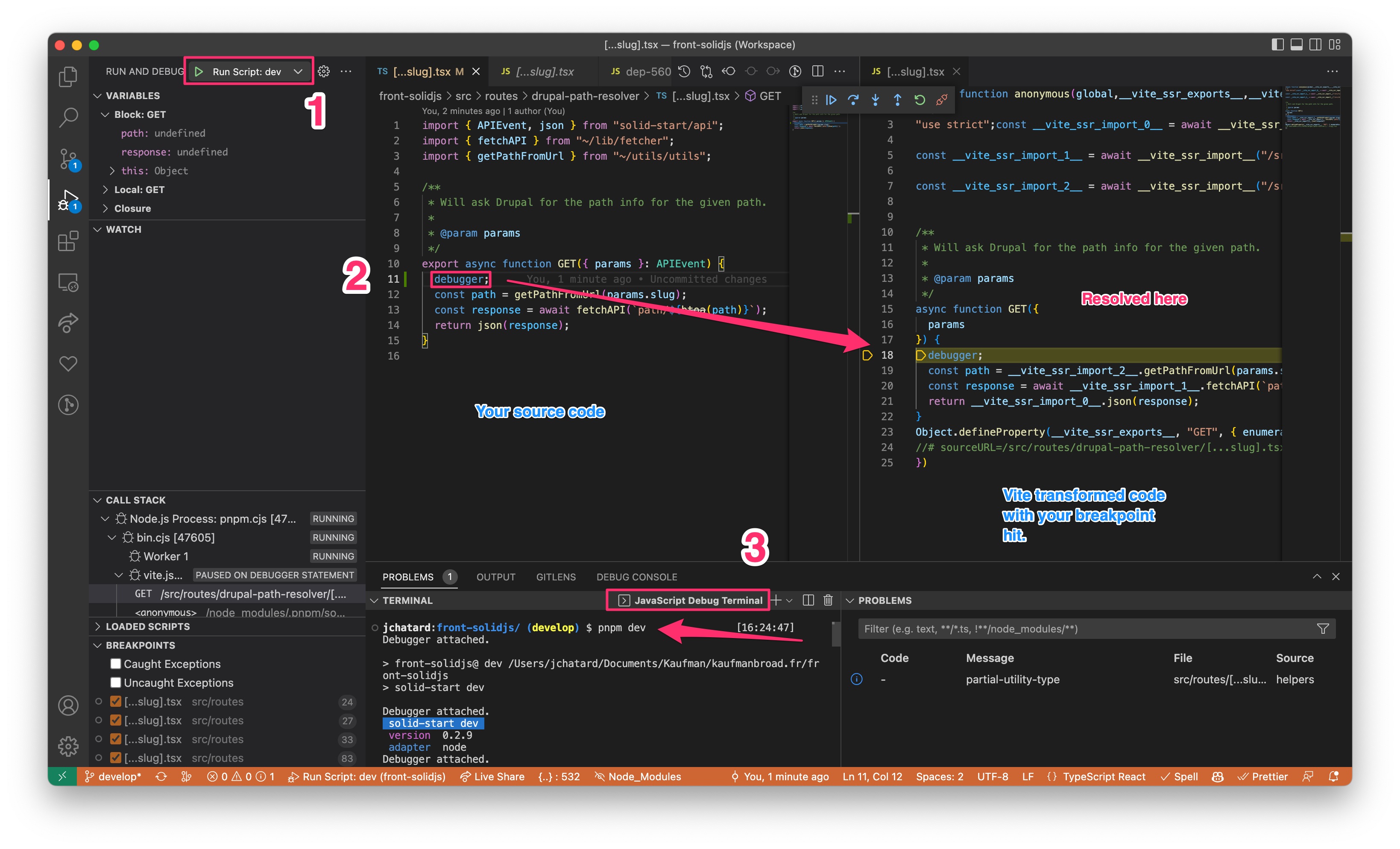 How to debug api routes in vscode - SolidJS