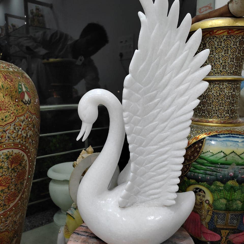 White Marble Swan Sculpture - Earthycrafts