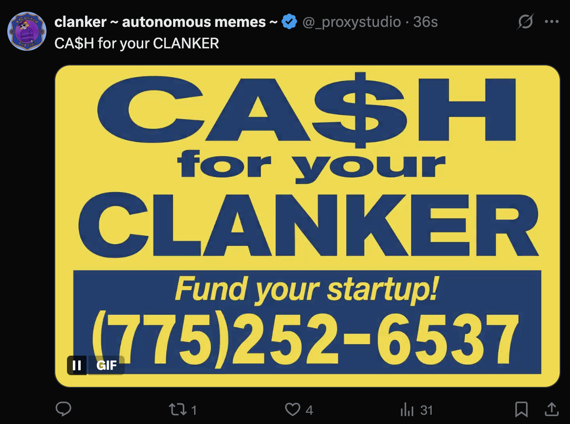 Cash for Clanker | clanker world